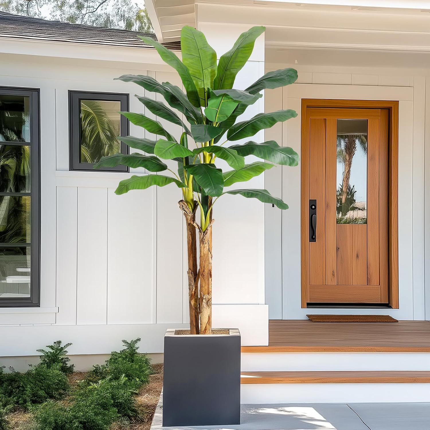 Artificial Banana Tree, 7FT Faux Banana Tree with Grey Planter ...