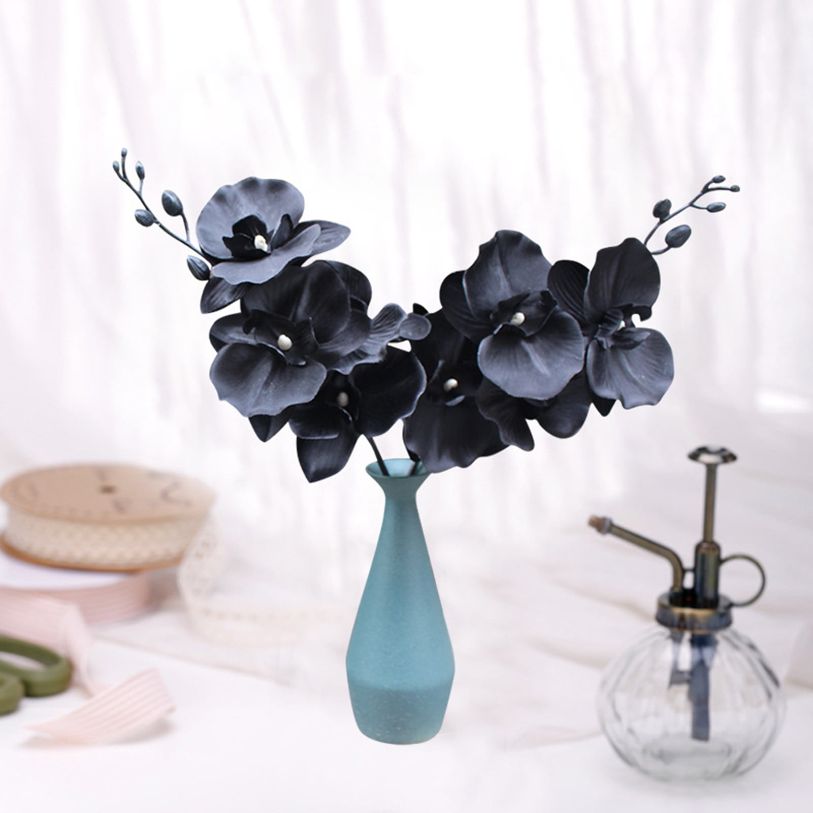 Artificial Black Orchid Flowers and Leaves Phalaenopsis Flower Branches Real Touch Face Plants ...