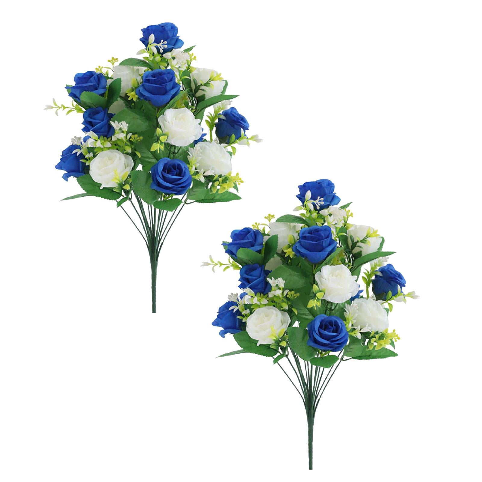 Artificial Blue White Rose Cemetery Bouquet, 18 Heads Memorial Flowers ...