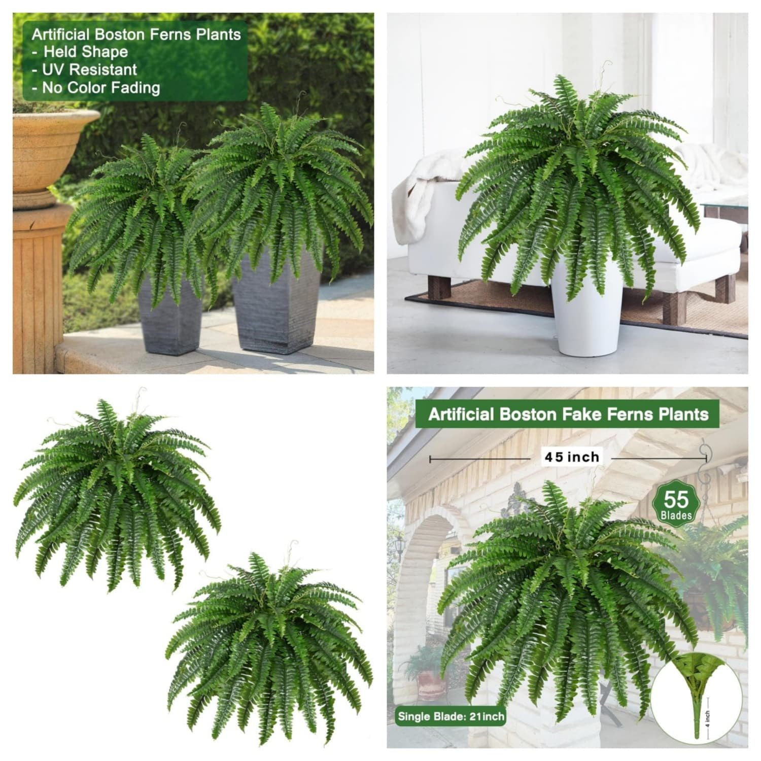 Artificial Boston Fern Bush- Set of 2 Large Artificial Ferns for ...