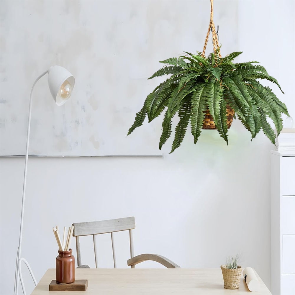 Artificial Boston Fern Hanging Basket Fake Ferns in Rattan Pot Medium ...