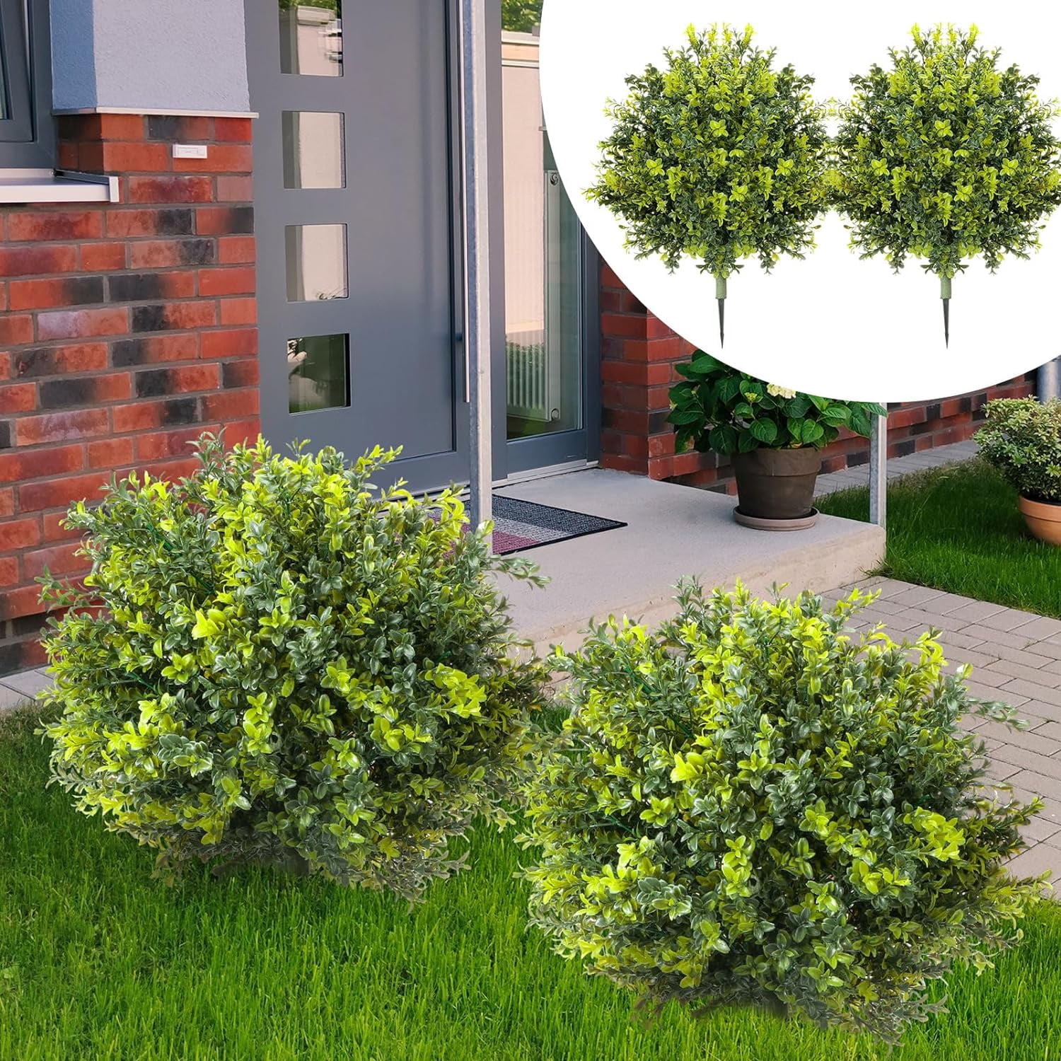 Artificial Boxwood Ball Bush with Spikes 24in UV Resistant Topiary Tree ...