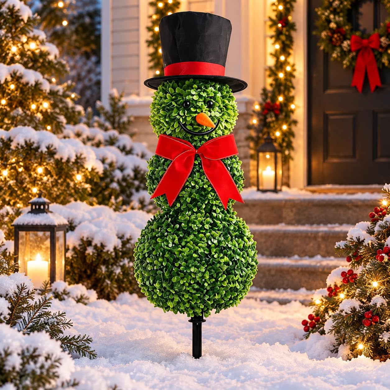 Artificial Boxwood Snowman Topiary Christmas Decoration, Faux Snowman ...
