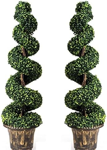 Artificial Boxwood Spiral Tree Set of 2, 4-Ft Fake Greenery Plants with ...