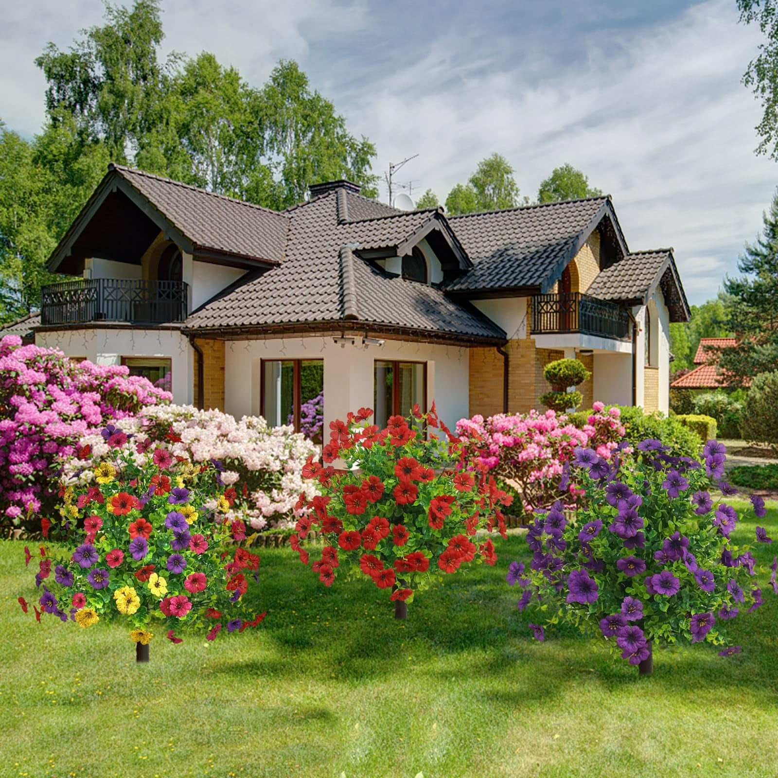 Artificial Boxwood Topiary Balls Trees with Flowers, Artificial Plants ...