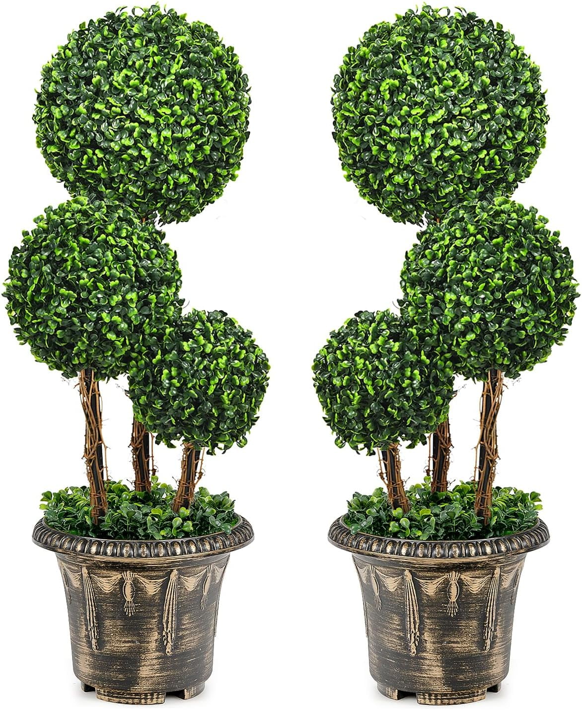 Artificial Boxwood Topiary Tree, 2.5ft Triple Ball Shaped Faux Topiary ...
