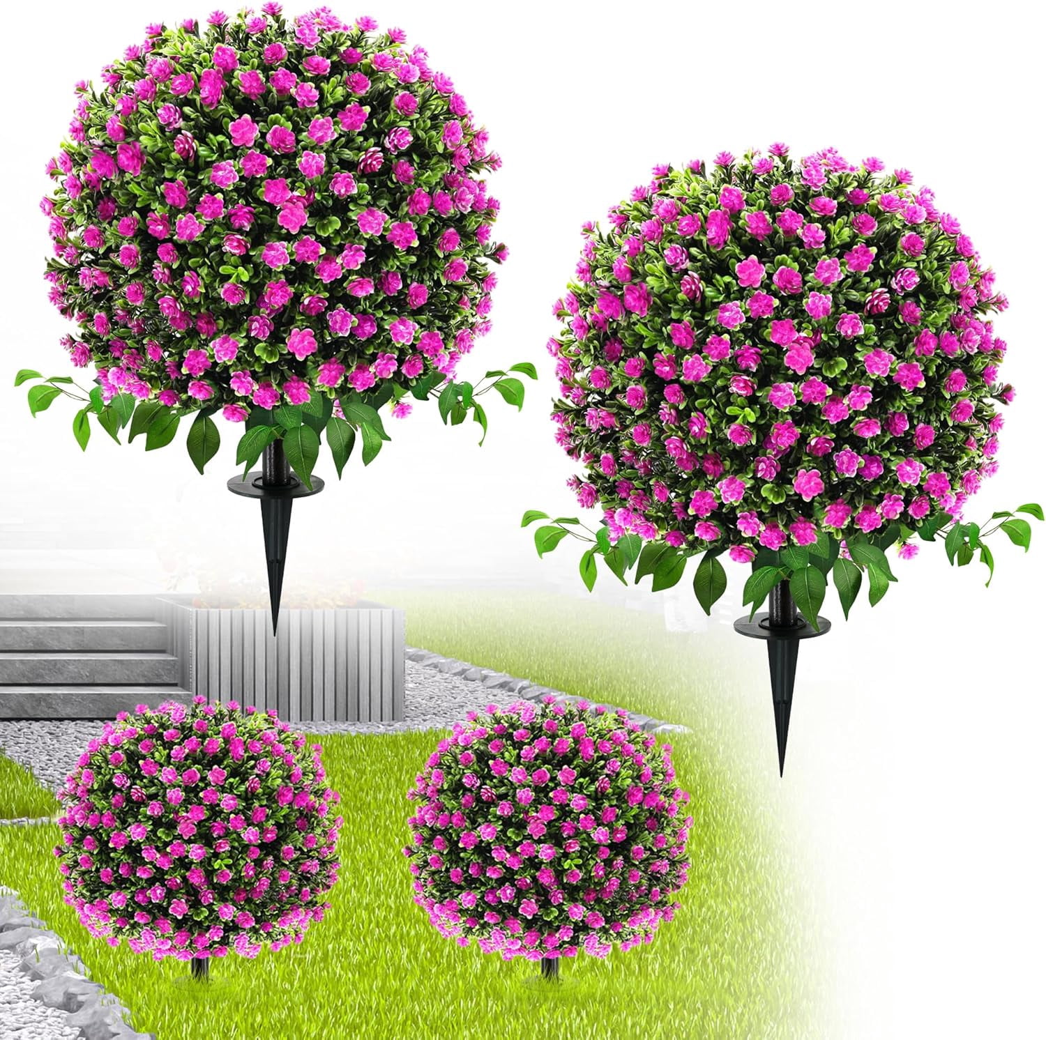 Artificial Boxwood Topiary Trees with Roses, 2 Lifelike Evergreen ...
