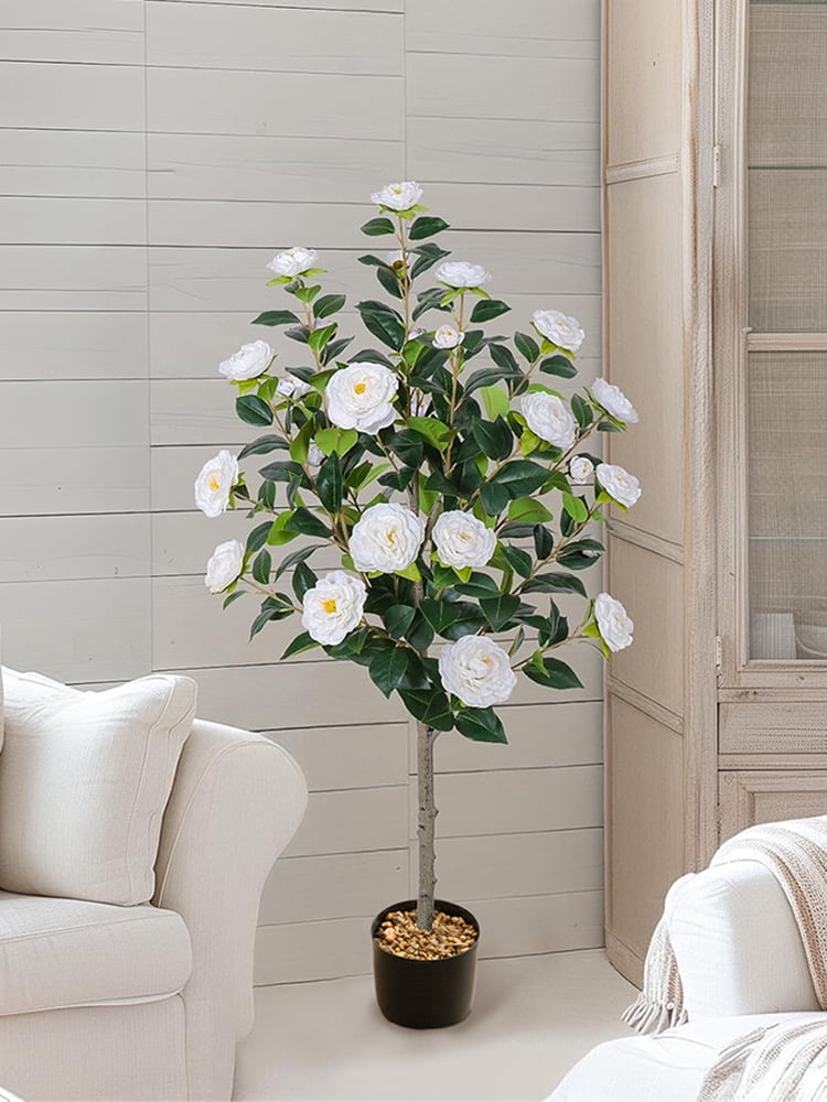 Artificial Camellia Tree, 32 Blooming Flowers, White, Winter Christmas ...