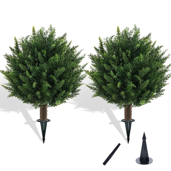 2-Pack 16" Artificial Cedar Ball Trees with Ground Spikes, UV Resistant ...