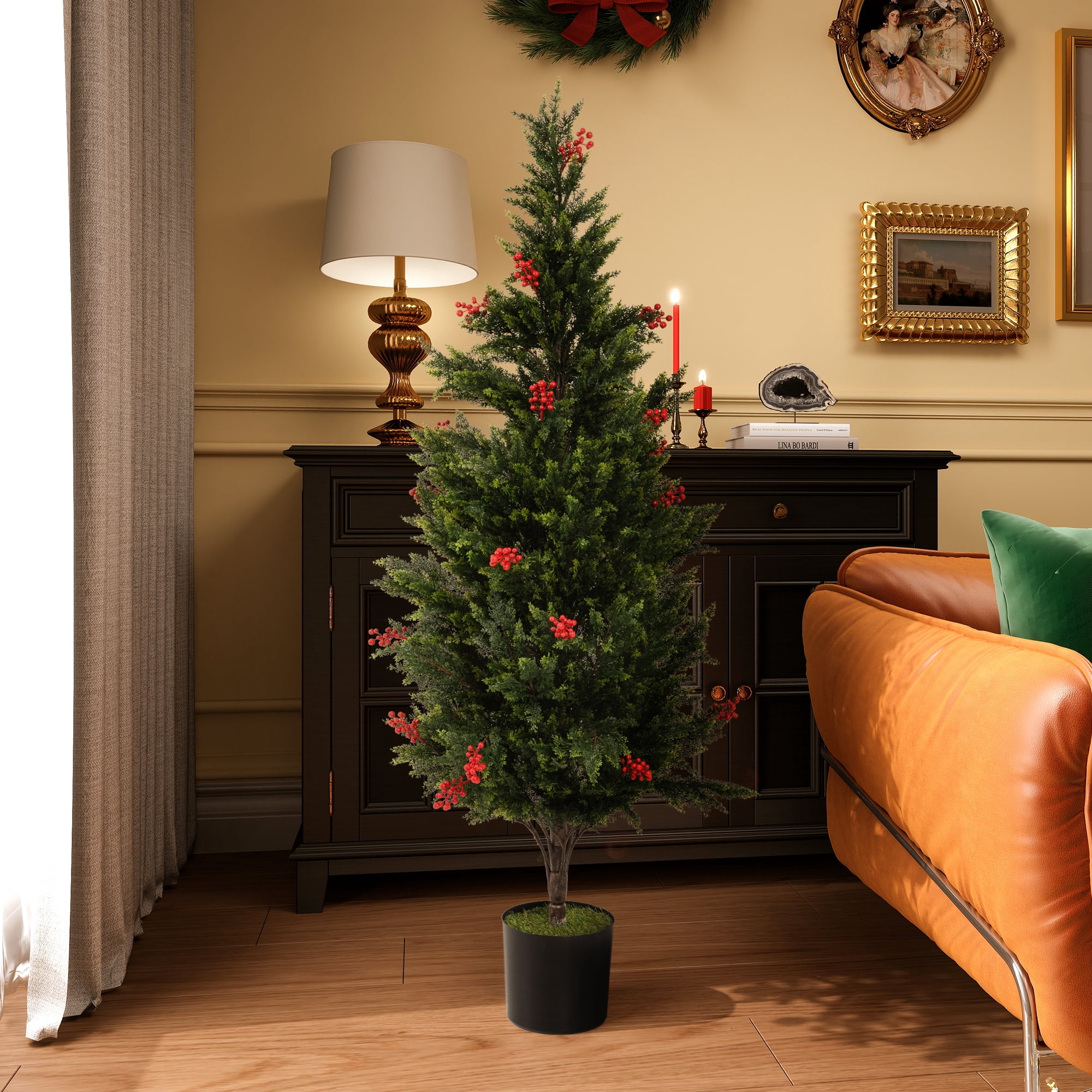 Artificial Cedar Topiary Trees with Red Berries 5.25 Ft, UV Resistant ...