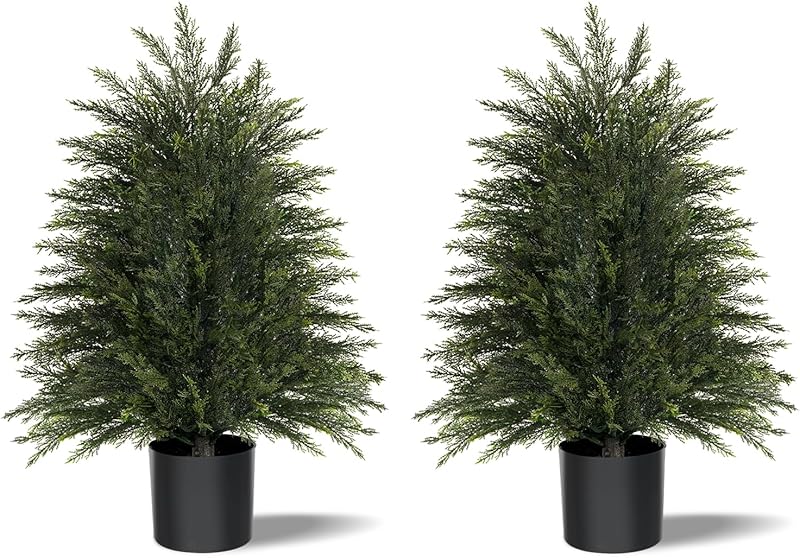 Artificial Cedar Trees Set of 2, Realistic Faux Evergreen Topiary ...