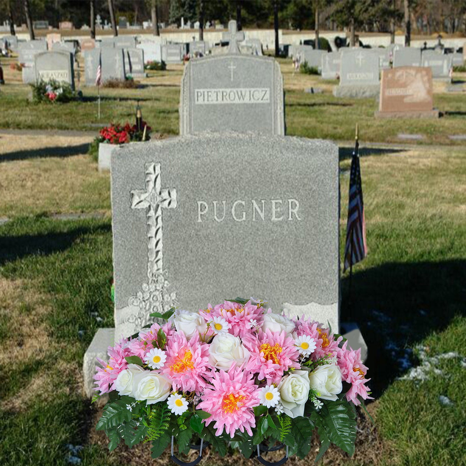 Outdoor Cemetery Flower Arrangement - Large Silk Rose Headstone Saddle ...