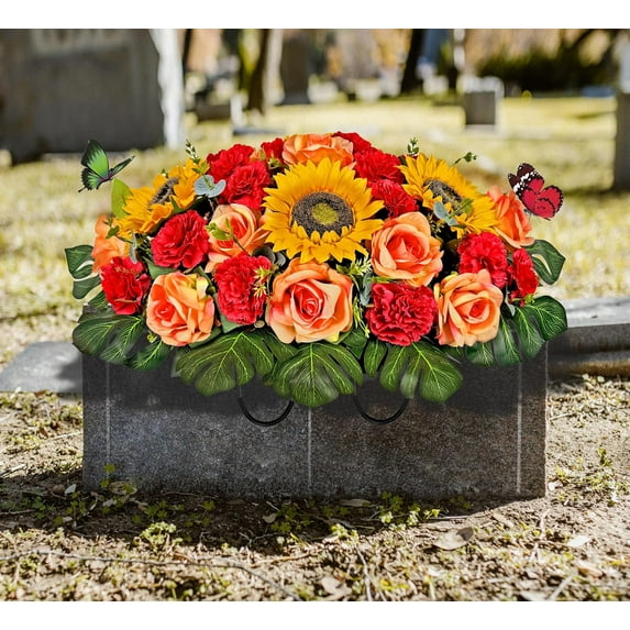 Artificial Cemetery Flower for Grave, Silk Headstone Flower Saddle for ...