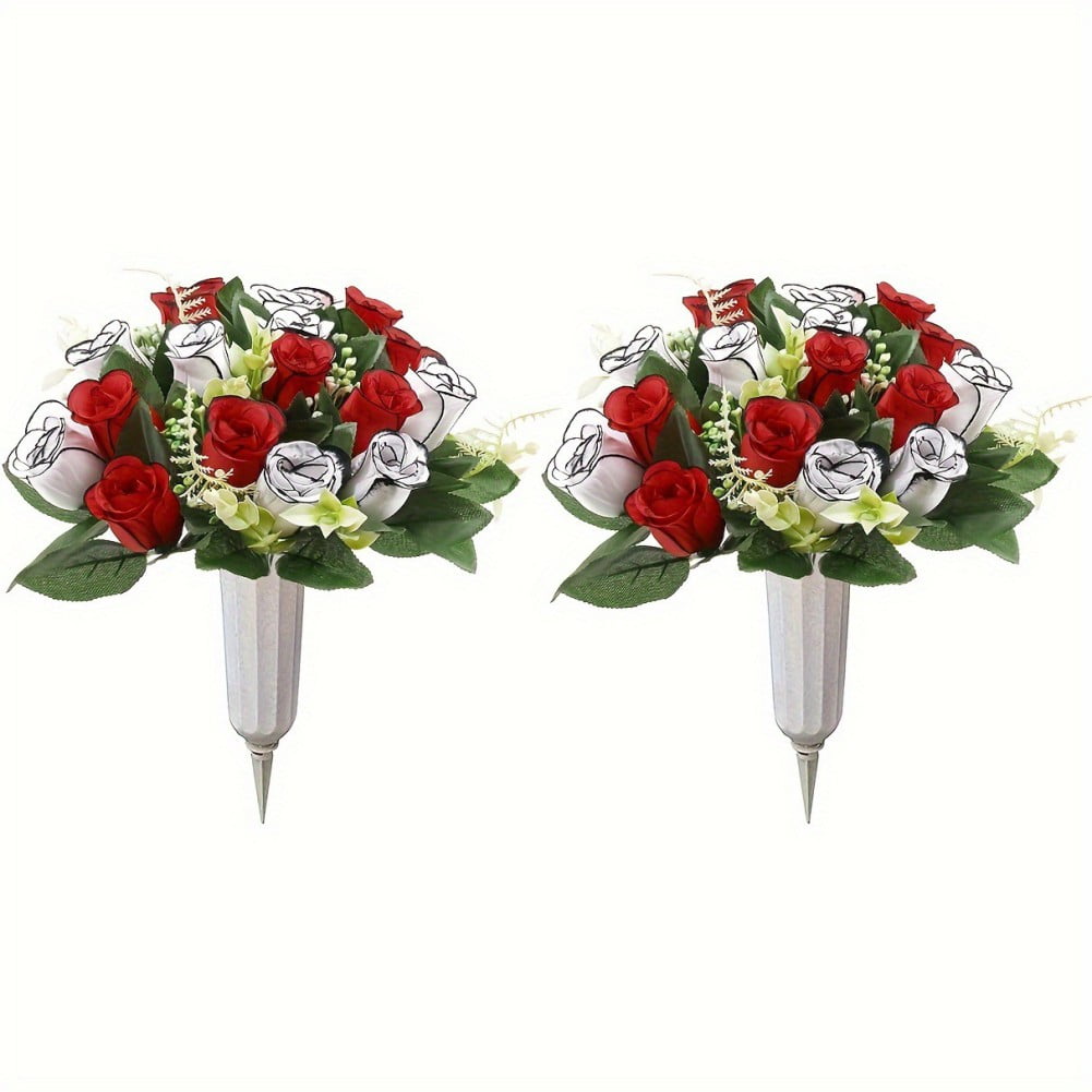 Artificial Cemetery Flowers Grave Decorations Set of 2 Fake Rose ...