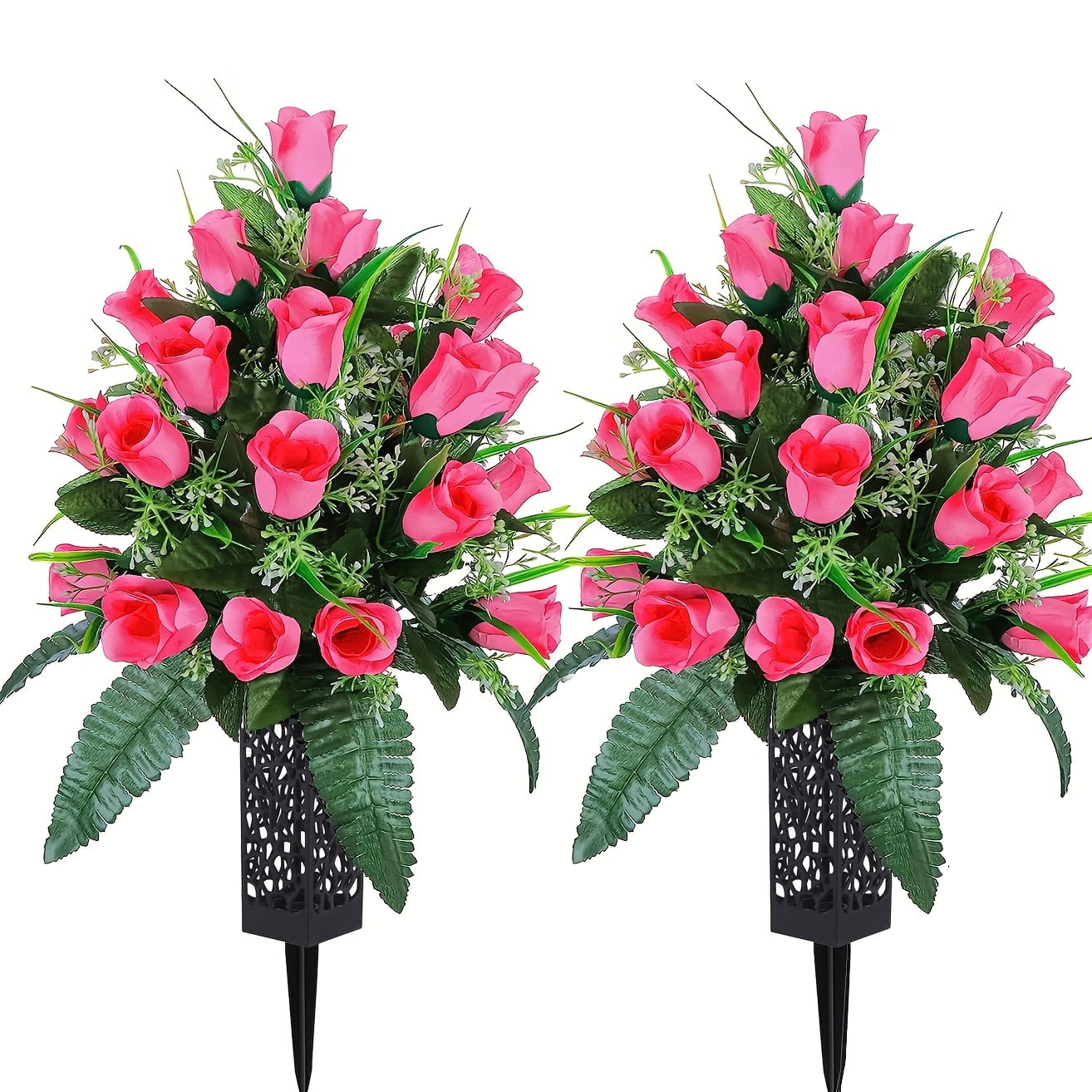 Artificial Cemetery Flowers, Set of 2 Artificial Rose Bouquet Grave ...