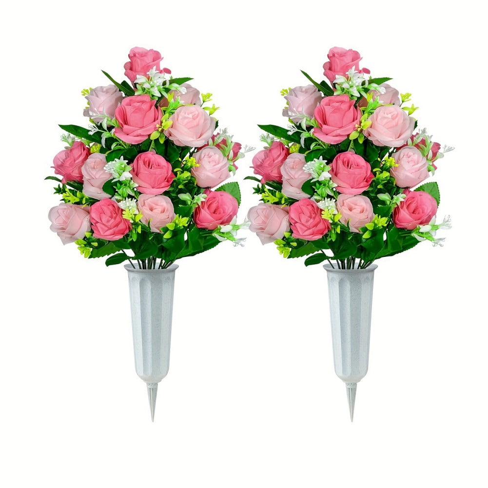 Artificial Cemetery Flowers, Spring Memorial Bouquet with Vase, Outdoor ...