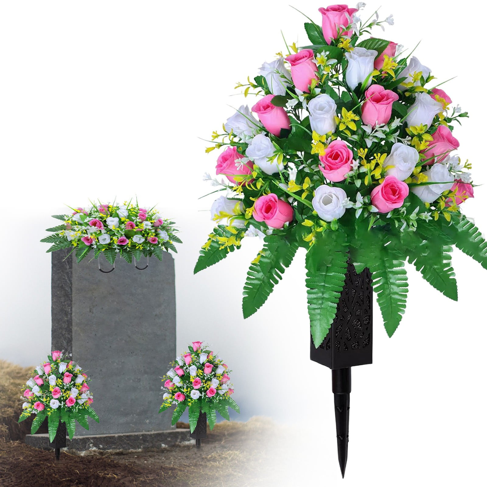 Artificial Cemetery Flowers with Vase, 16 Rose Lily Bouquet Memorial ...