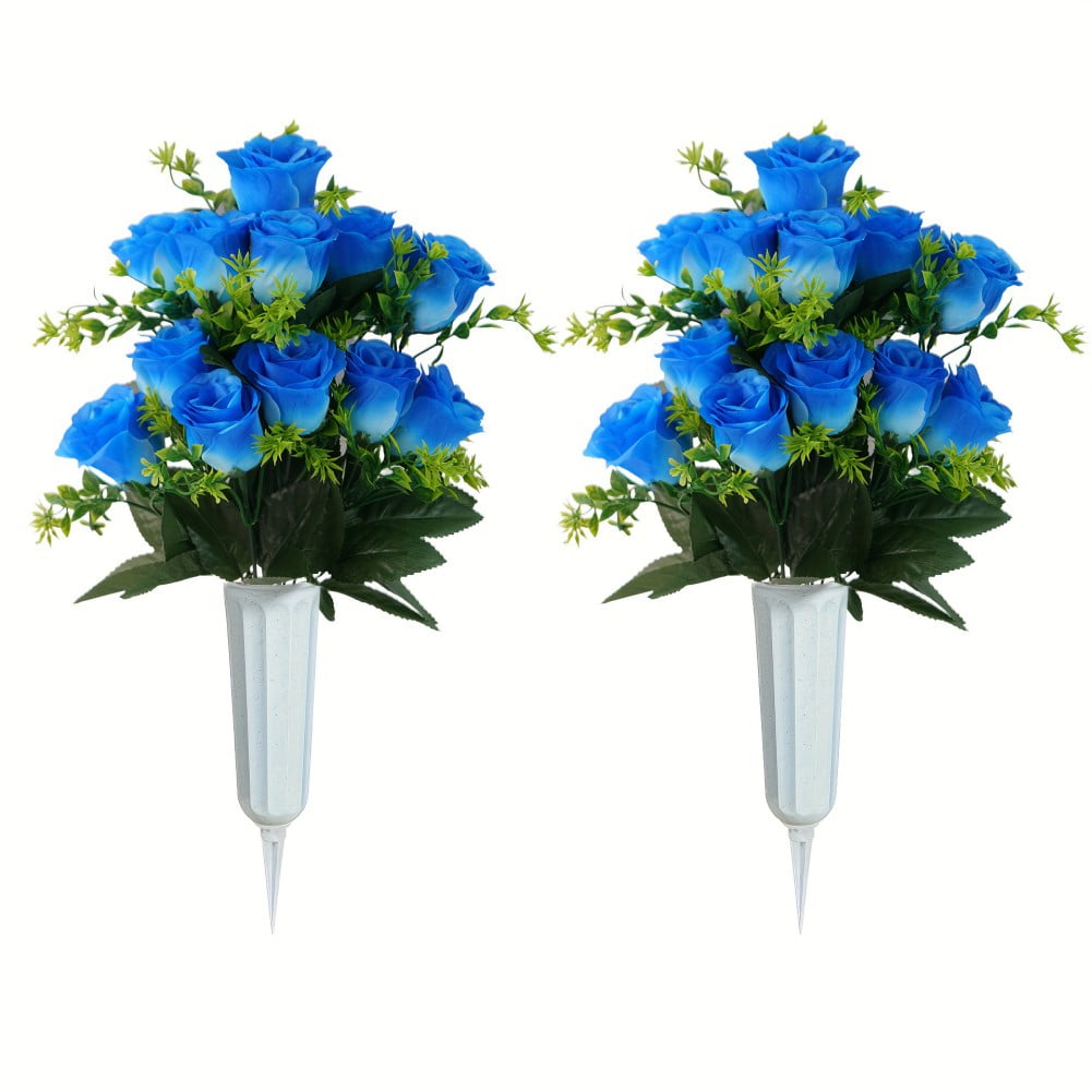 Artificial Cemetery Flowers with Vase, 2 Sets Outdoor Grave Flowers ...