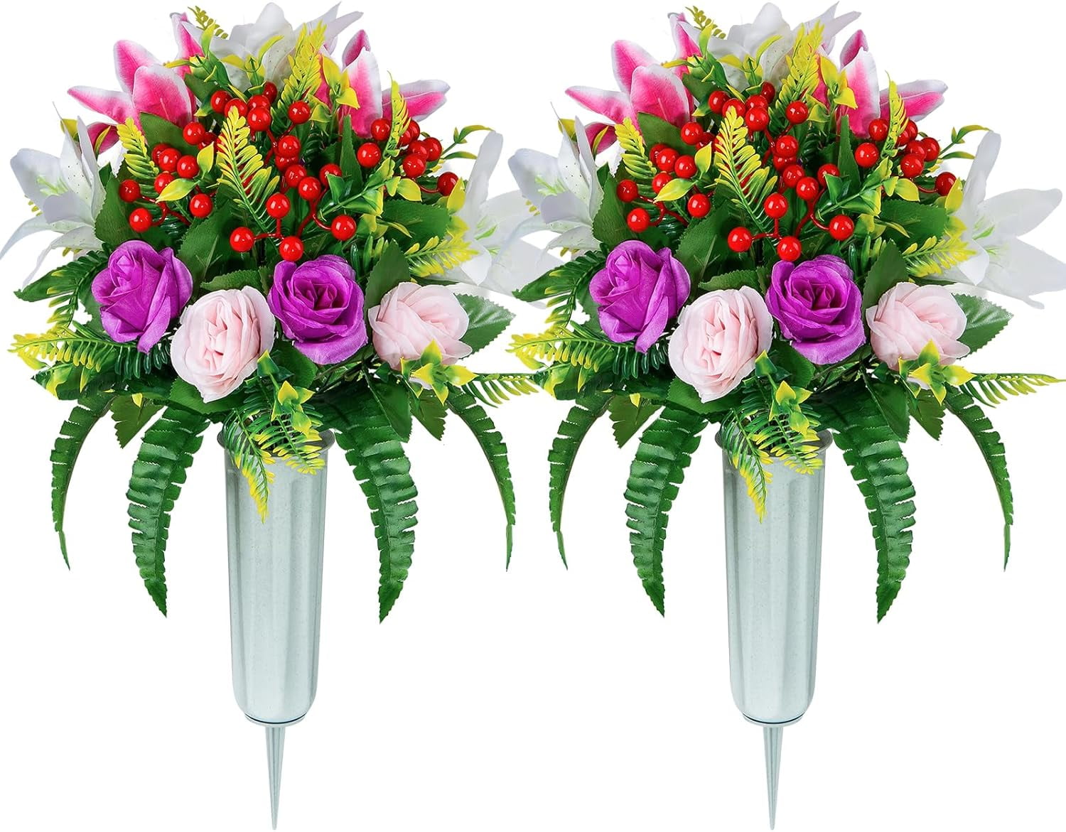 Artificial Cemetery Flowers with Vase, Artificial Rose Lily Bouquet ...