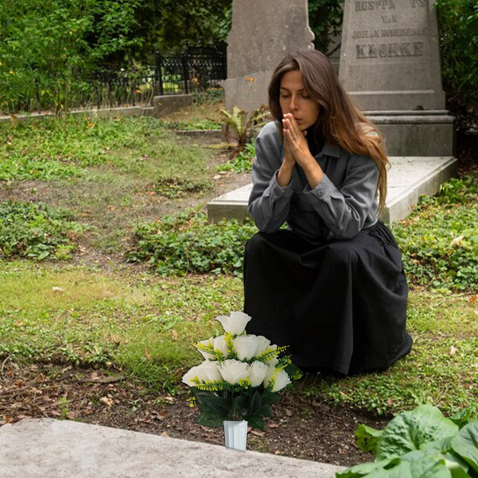 Artificial Cemetery Flowers with Vase,Grave Decorations Roses ...