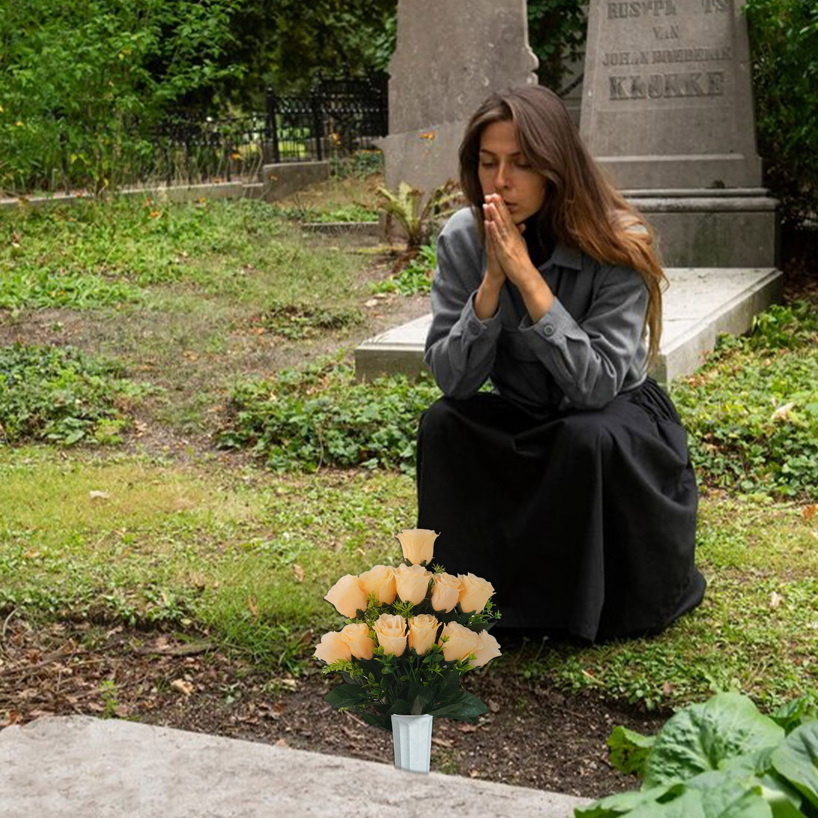 Artificial Cemetery Flowers with Vase,Grave Decorations Roses ...