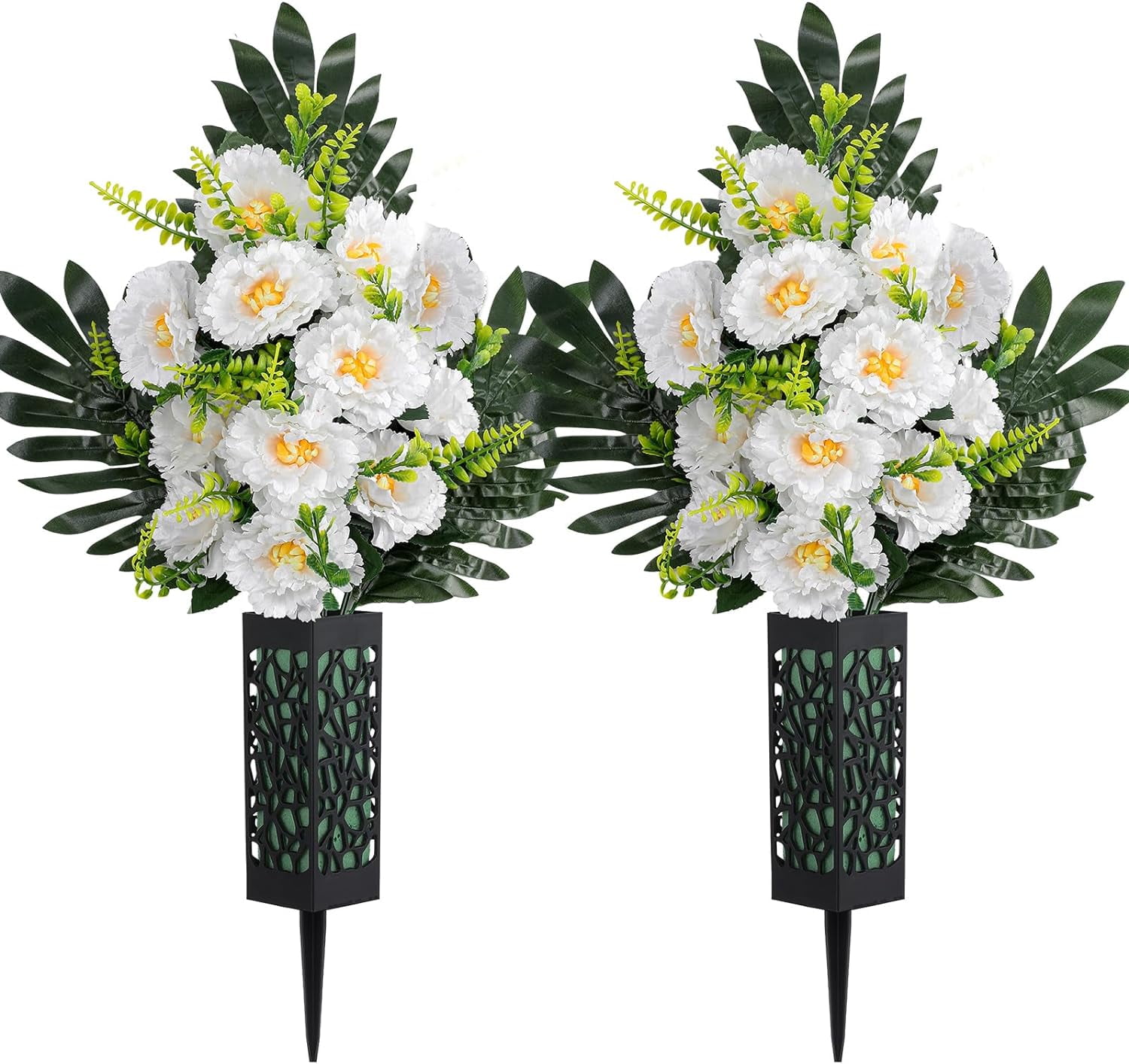 Artificial Cemetery Flowers White 24 Heads Peony with 2 Grave Markers ...
