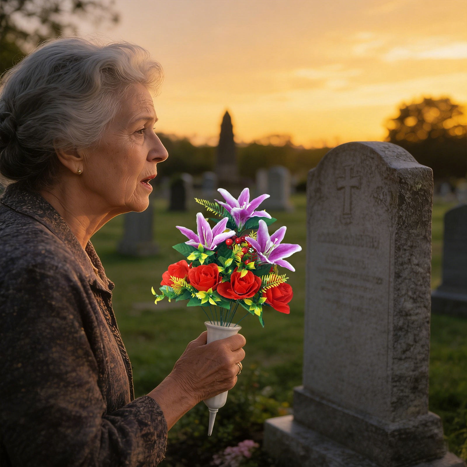 Artificial Cemetery Flowers with Vase, Artificial Rose Lily Grave ...