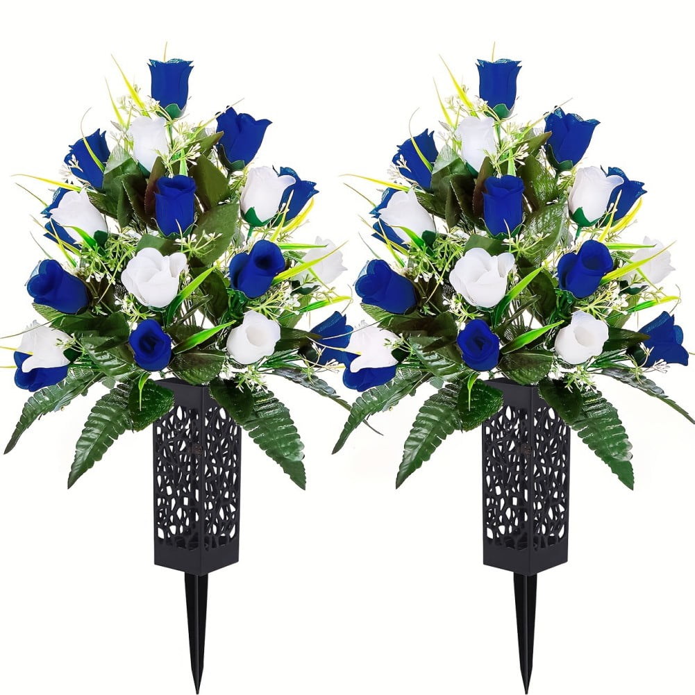 Artificial Cemetery Flowers with Vase, Set of 2 Artificial Rose Lily ...