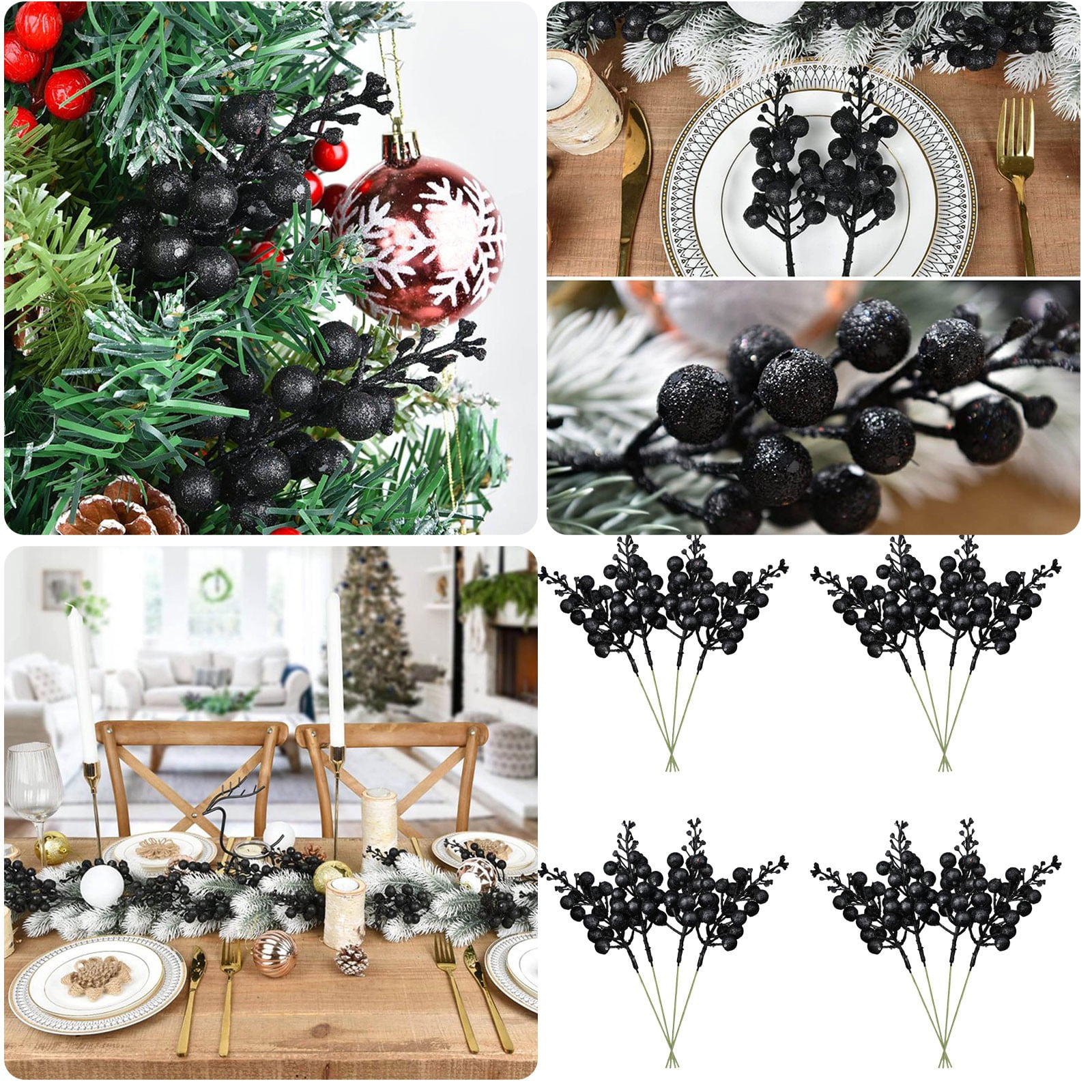 Artificial Christmas Berry Stems with Glitter - Black and Red Berry ...