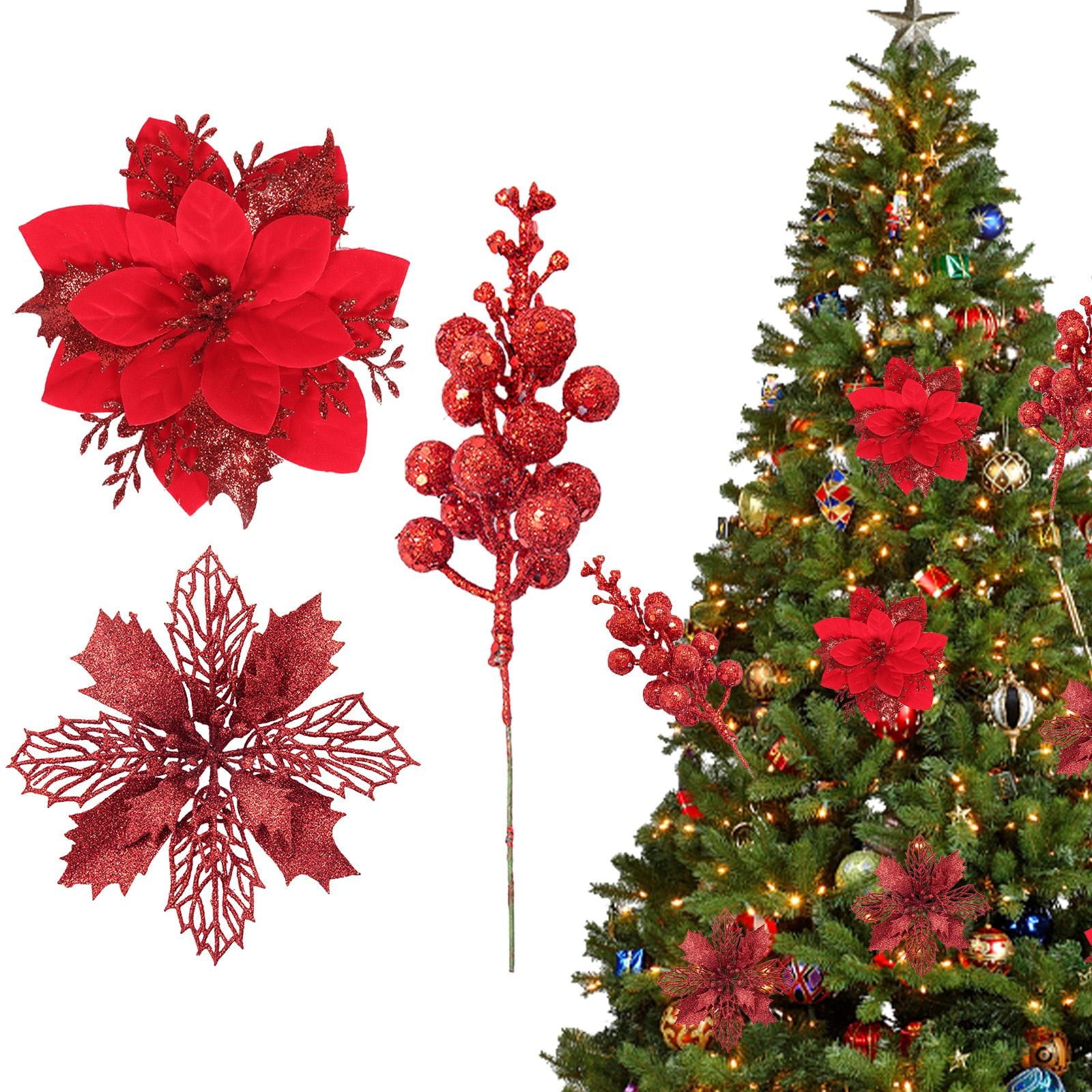 Artificial Christmas Flower Picks with Glitter Decorative Christmas ...