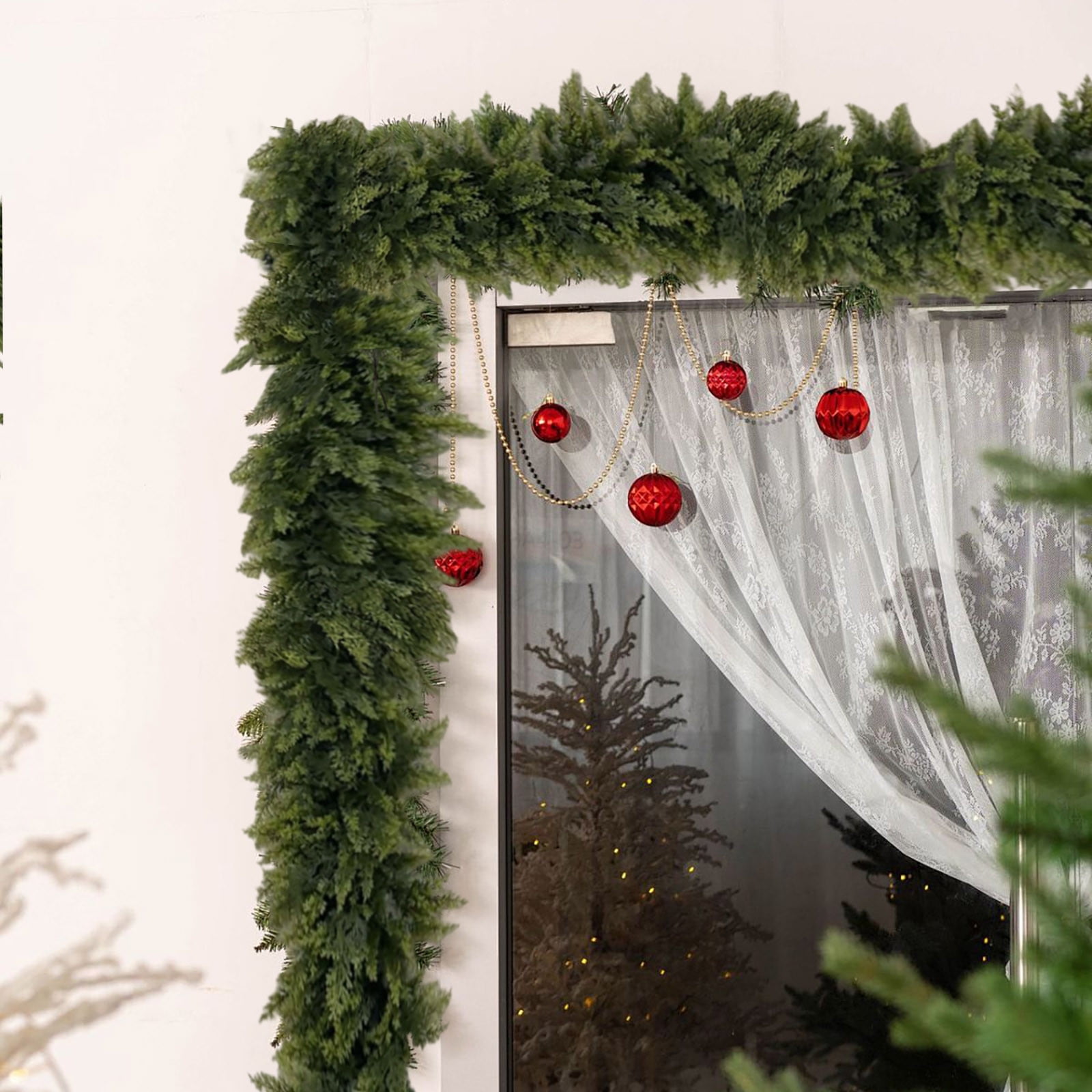 Artificial Christmas Garland with Green Plants and Rattan Tree Pendants ...