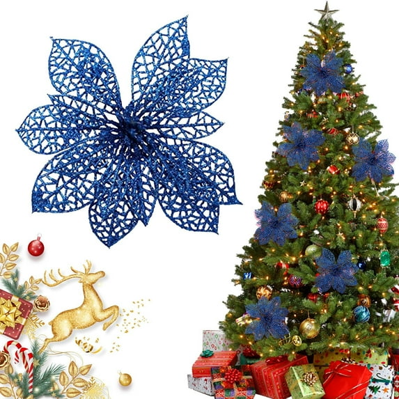 Artificial Christmas Glitter Flowers - 5.7 Inch Xmas Tree Ornaments ...