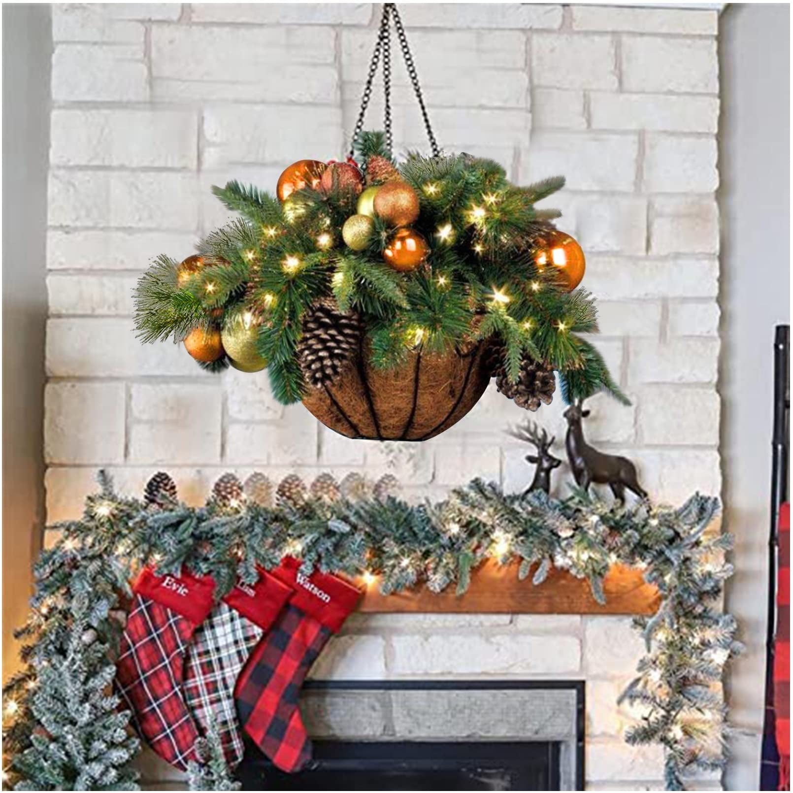 Artificial Christmas Hanging Basket with LED String Lights Hanging ...