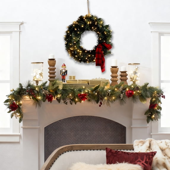 Artificial Christmas LED Wreath – Green Faux Front Door Wreath for ...