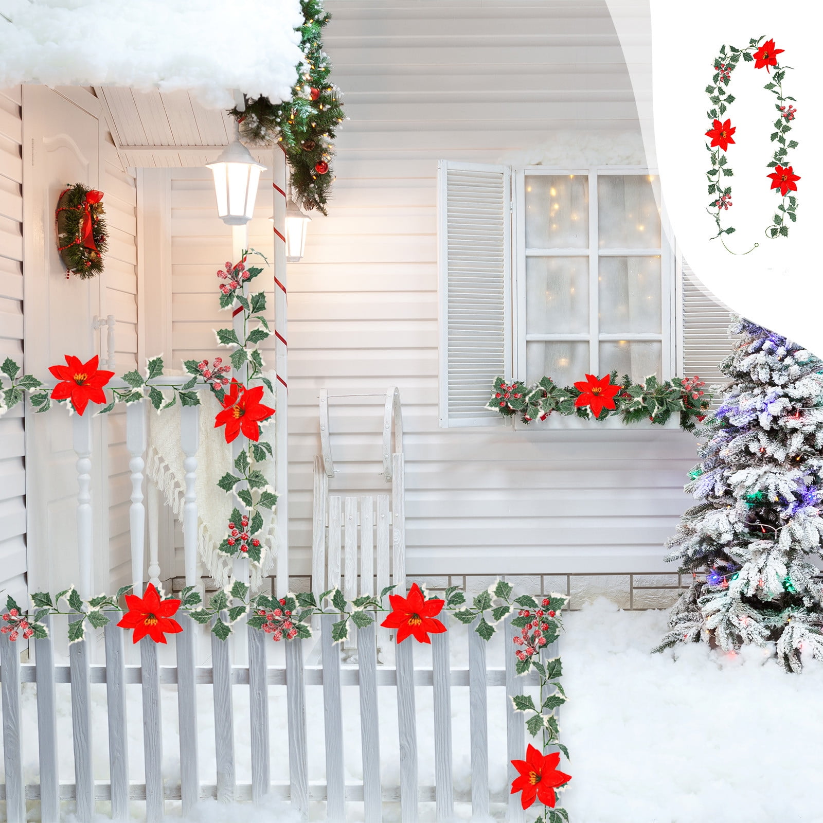 Artificial Christmas Rattan Garland Red Berries Holly Leaves Poinsettia ...