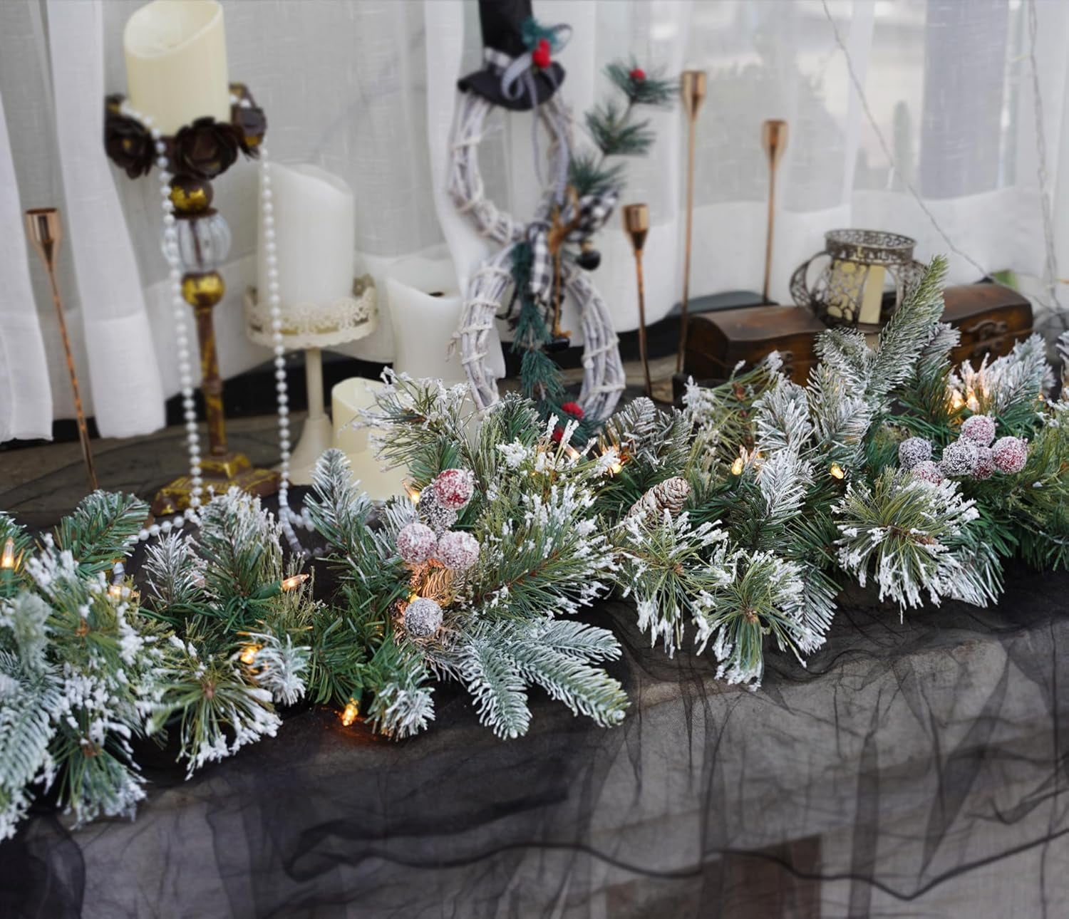 Artificial Christmas , Snowy , White Lights 50, Decorated with Pine ...