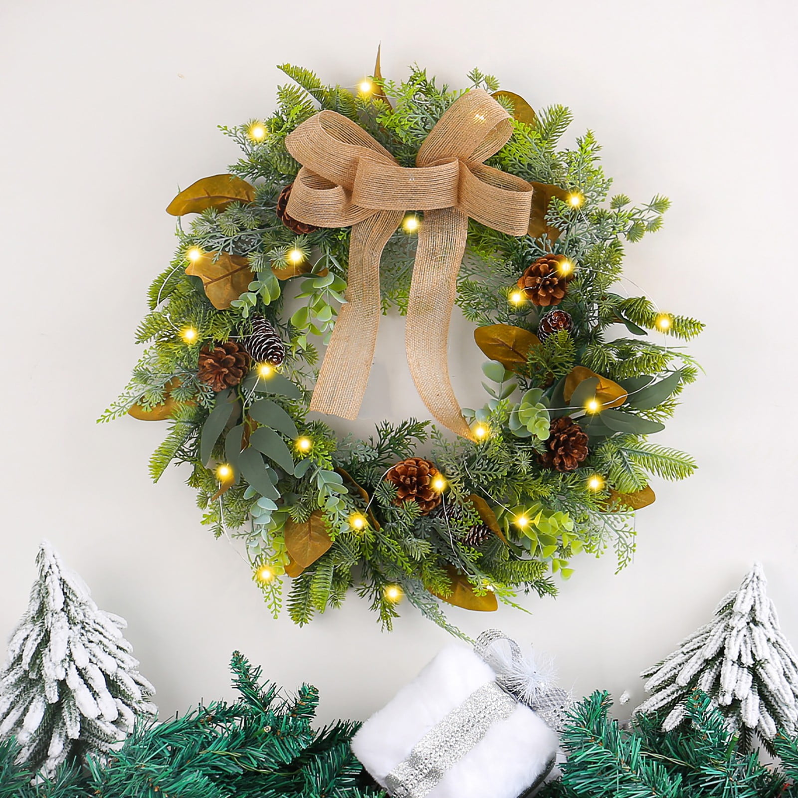 Artificial Christmas Wreath Christmas Bow Luminous Wreath Door Hangings ...