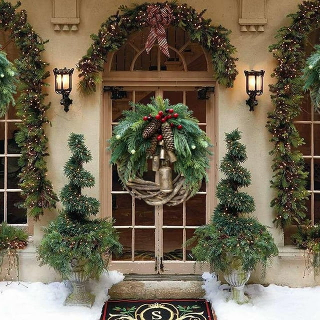 Artificial Christmas Wreath, Rattan Pine Cone Bell Wreath, Evergreen ...