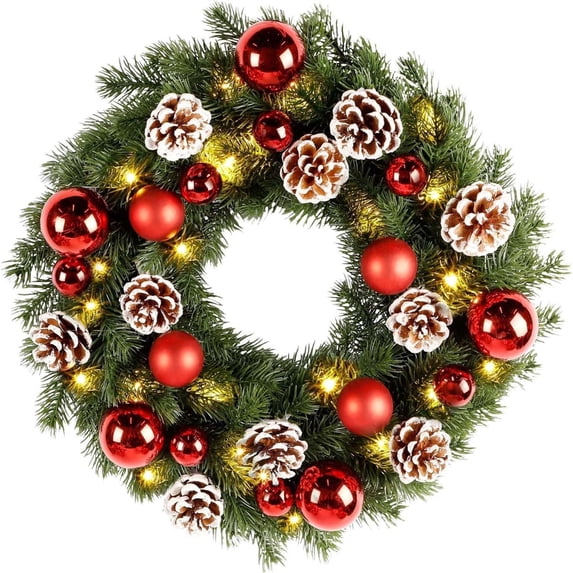 Artificial Christmas Wreath With LED Lights Red Ornaments And Pinecones ...