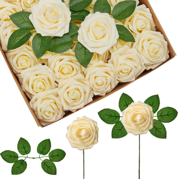 Artificial Cream 50 Foam Roses with Stems Bulk for DIY Decor, Wedding ...