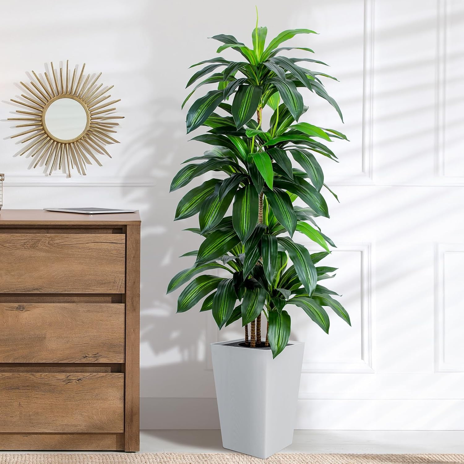 Artificial Dracaena Tree with White Tall Planter, 5ft Tall Potted ...