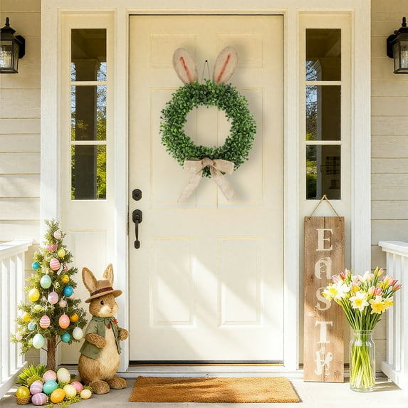 Artificial Easter Wreath For Front Door, Bunny Wreath With Bow Eggs And ...