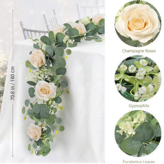 Artificial Eucalyptus Garland 70.8Inch, Champagne Rose & Gypsophila ...