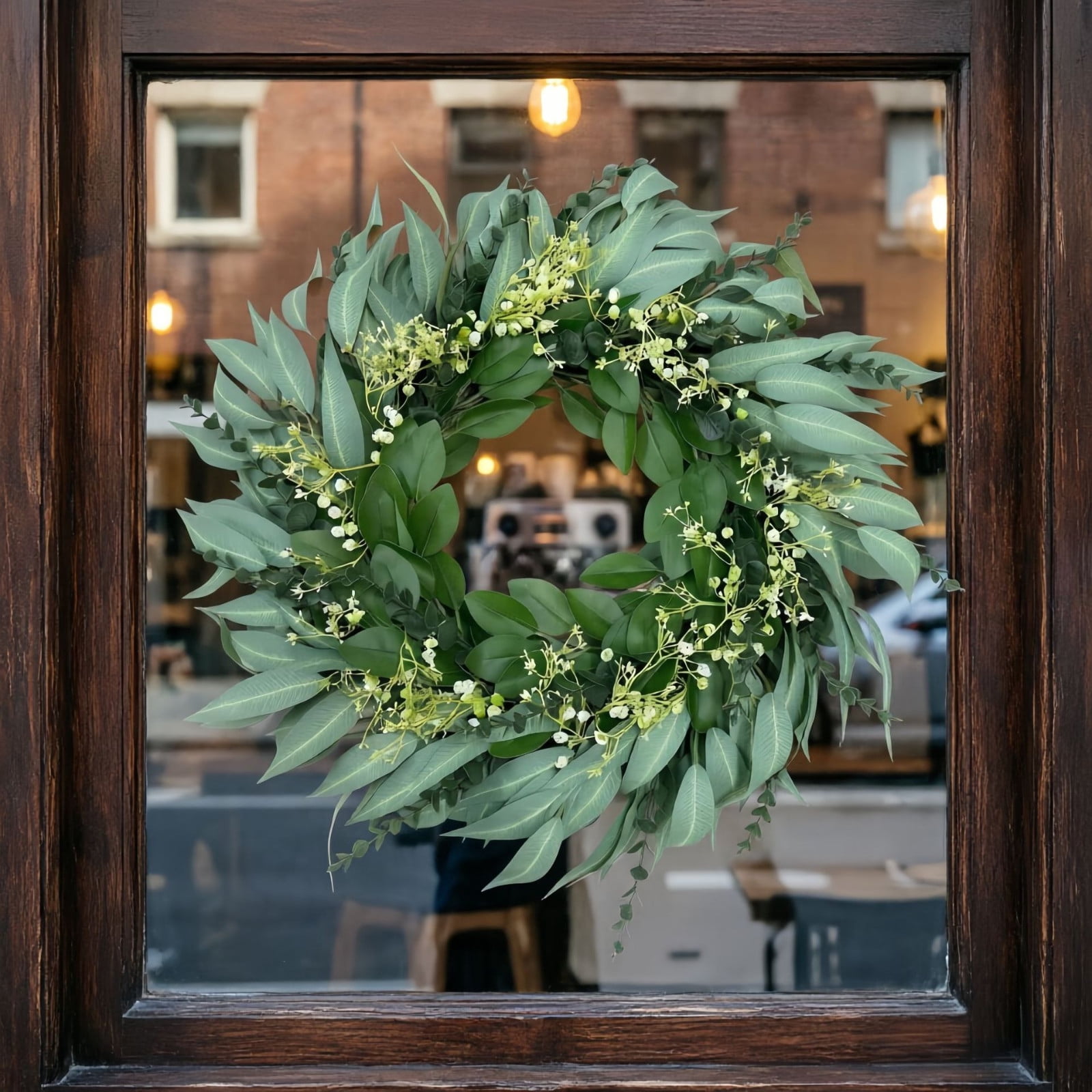Artificial Eucalyptus White Flower Wreath, 20 Inch Outdoor Front Door ...