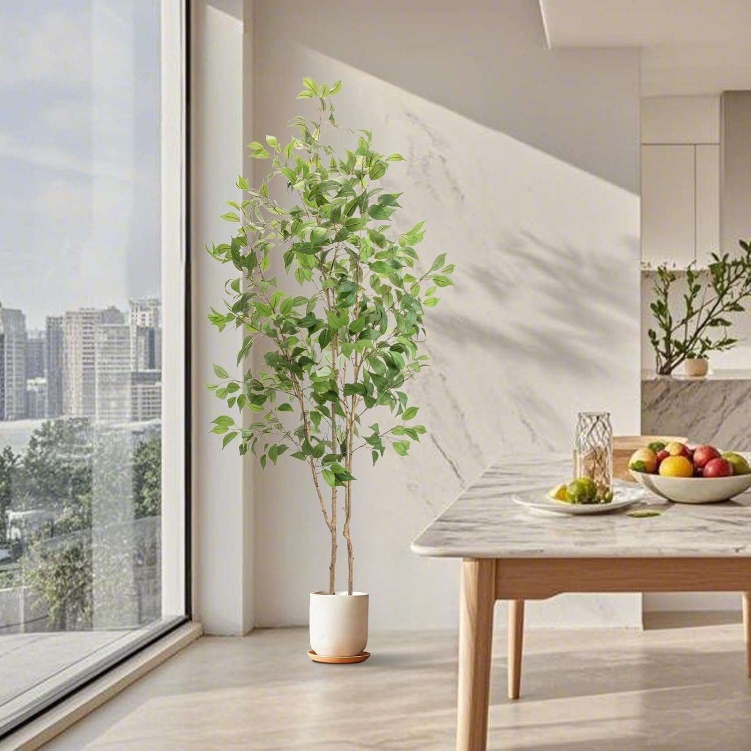 Artificial Fake Ficus Tree 7FT Tall 1Pack with White Planter & Free ...