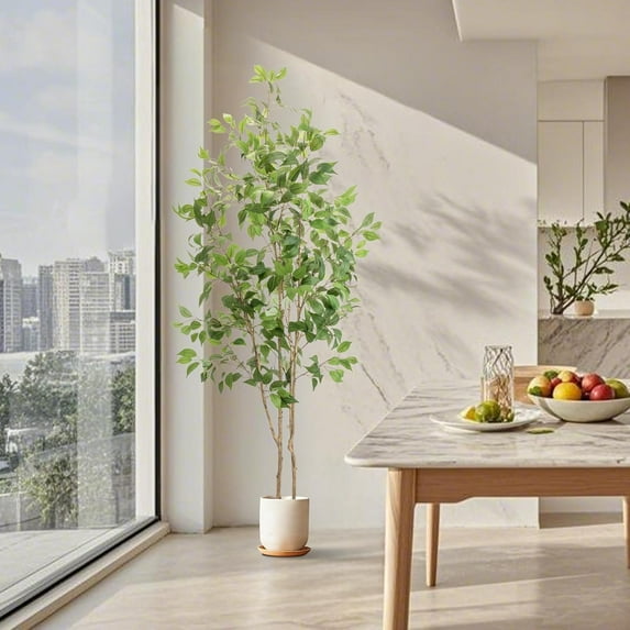 Artificial Fake Ficus Tree 7FT Tall 1Pack with White Planter & Free ...