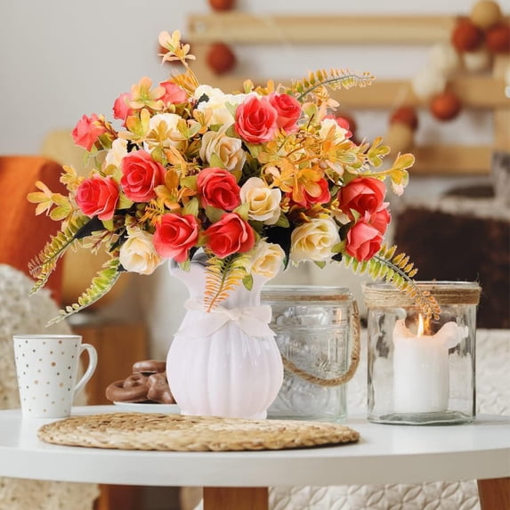 Artificial Fake Flowers with Vase Silk Roses Bouquets Home Office Party ...