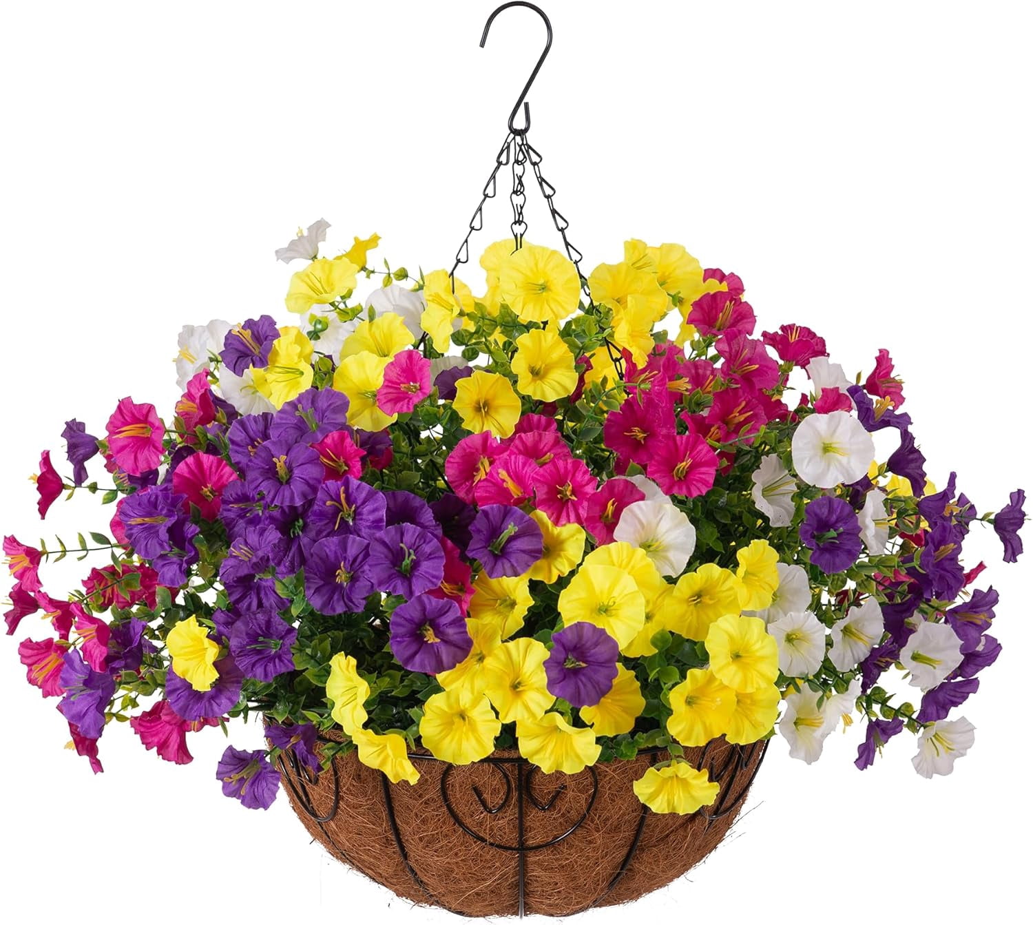 Artificial Fake Hanging Flowers with Basket for Outdoors, Faux Petunias ...