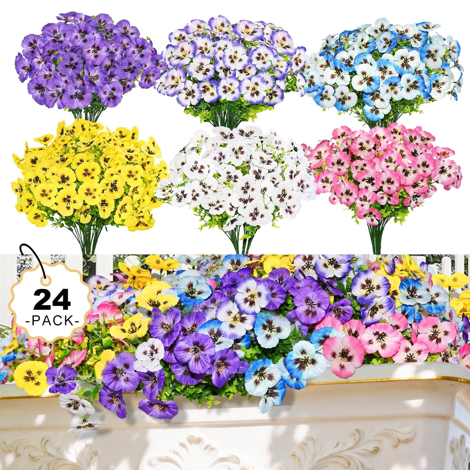 Artificial Fake Pansy Flowers for Outdoor, 24 Bundles Silk Fake Spring ...