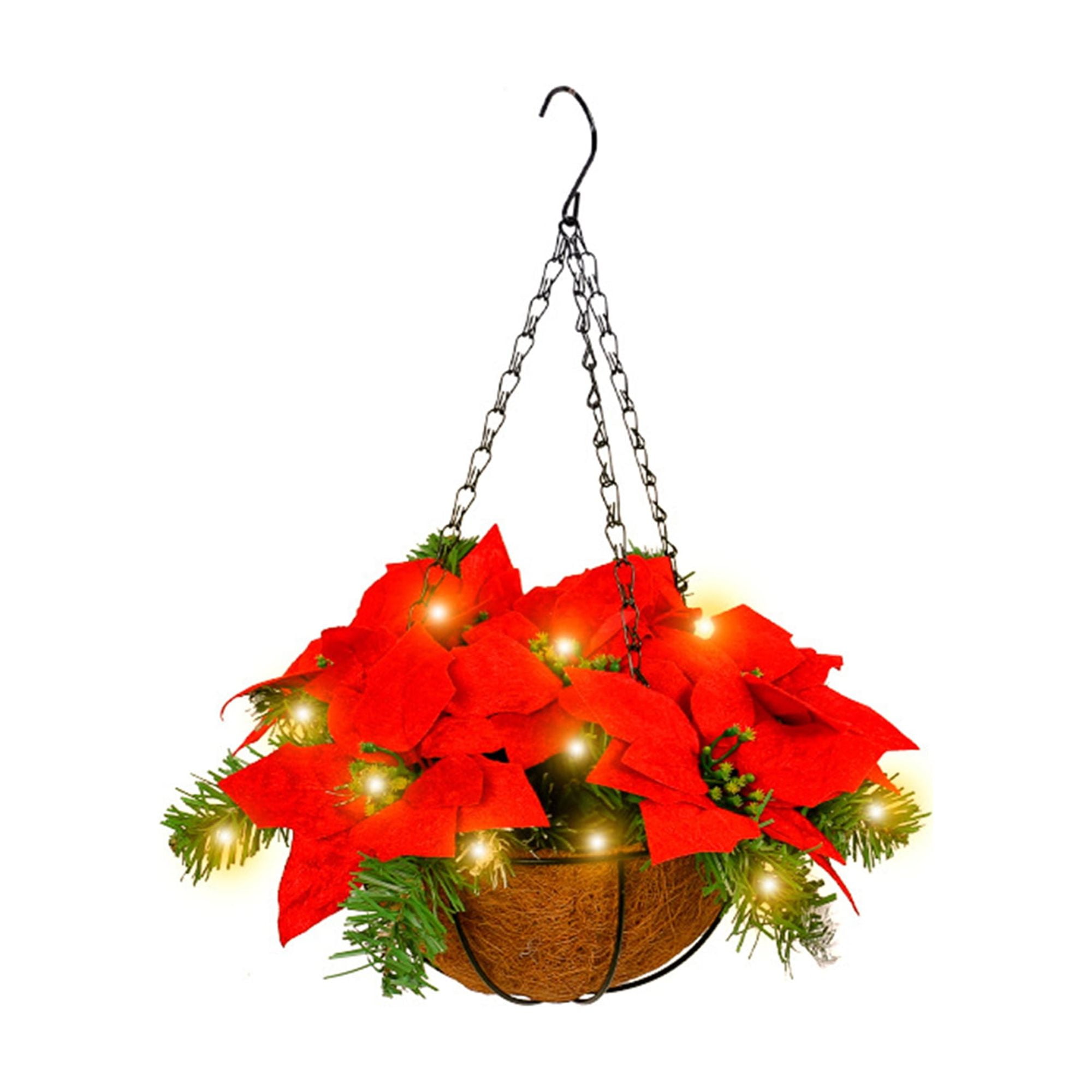 Artificial Fake Poinsettia Flower Hanging Basket With Lights Faux Christmas Flower Plants ...